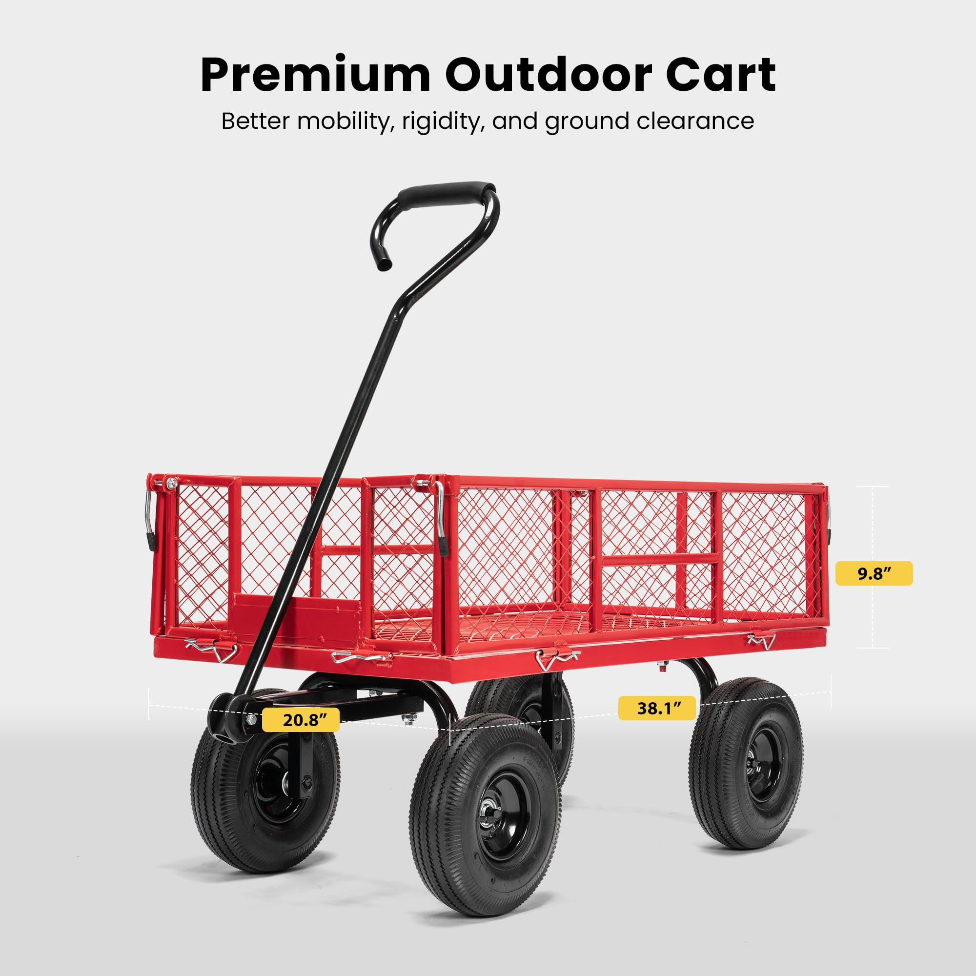 VIVOHOME Heavy Duty 880 Lbs Capacity Mesh Steel Garden Cart Folding Utility Wagon with Removable Sides and 4.10/3.50-4 inch Wheels (Red)