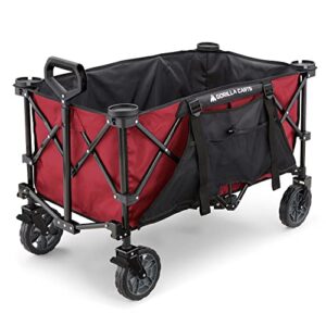 gorilla carts 7 cubic feet collapsible folding outdoor utility sports beach wagon, with 150 pound capacity, oversized bed, & cup holder, red