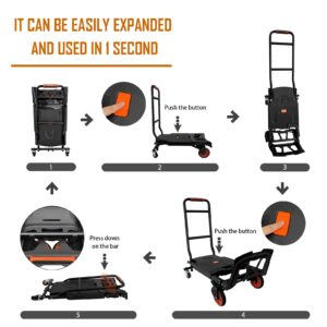 Folding Hand Truck, Dolly Cart Heavy Duty with 440lbs Capacity & 4 Wheels, Portable Hand Truck Dolly, 2in1 Transform Hand Cart, Collapsible Small Platform Cart for Home/Office/Travel Use, Easy Storage