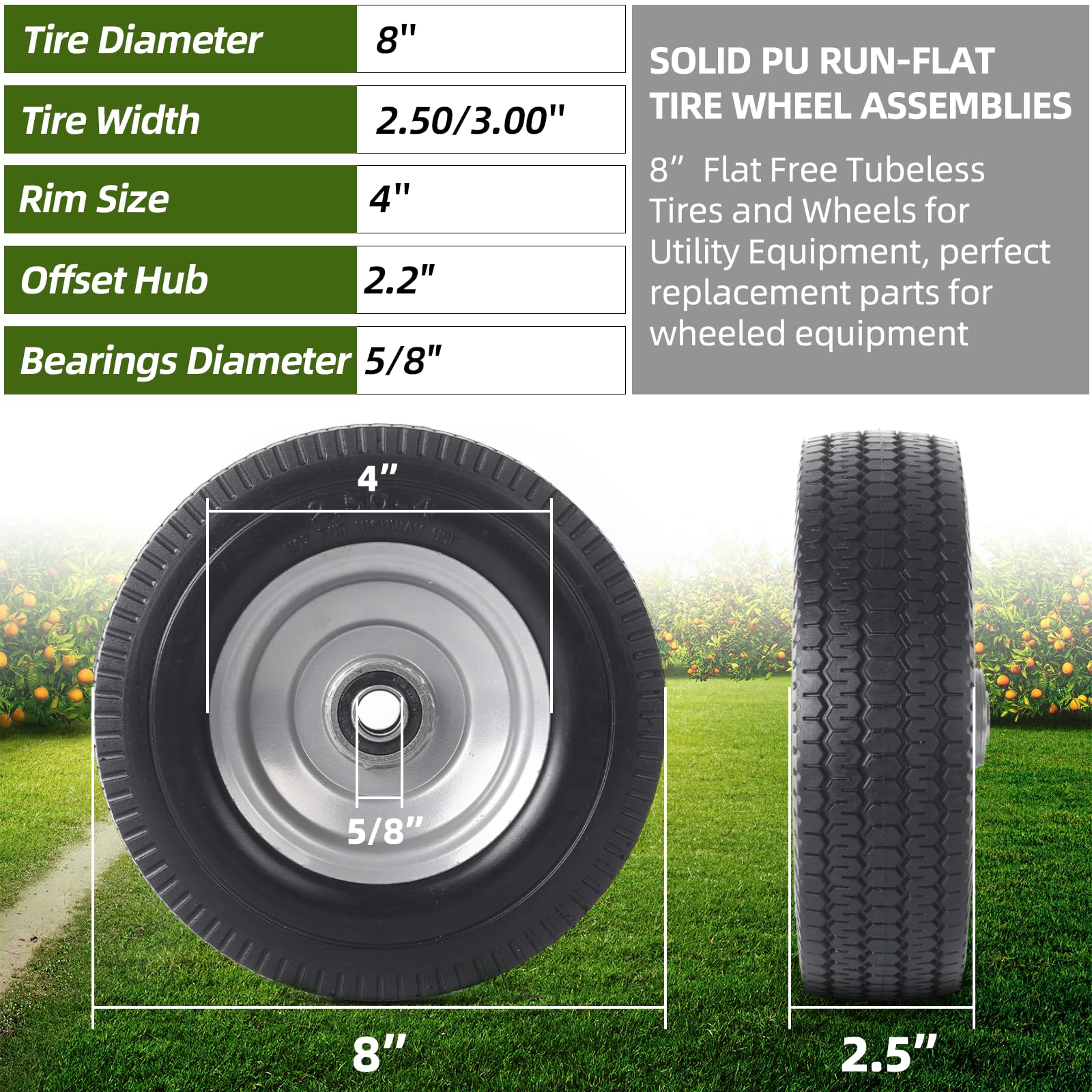 AR-PRO (2-Pack) 8-Inch Solid Wheel Replacement - 2.50-4" Flat Free Tire and Wheel with 5/8 extra 3/4 Bearings and 2.2" Offset Hub - Compatible with Hand Truck, Generator, Gorilla Carts