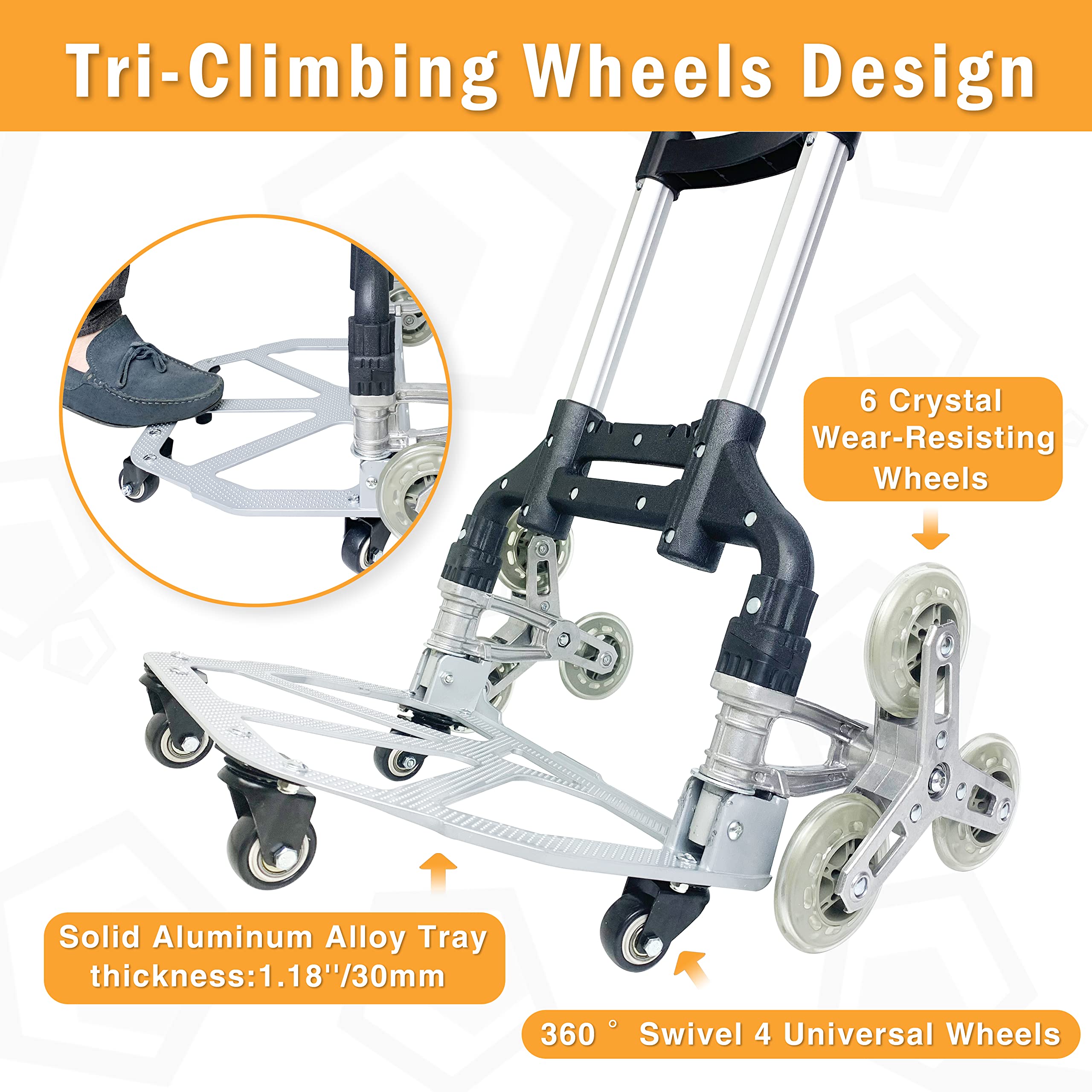 FUVLFAL Stair Climbing Cart, Folding Hand Truck Dolly Cart, Grocery Shopping Cart with Mute Wheels, 180lbs Weight Capacity Aluminum Hand Truck for Luggage, Travel