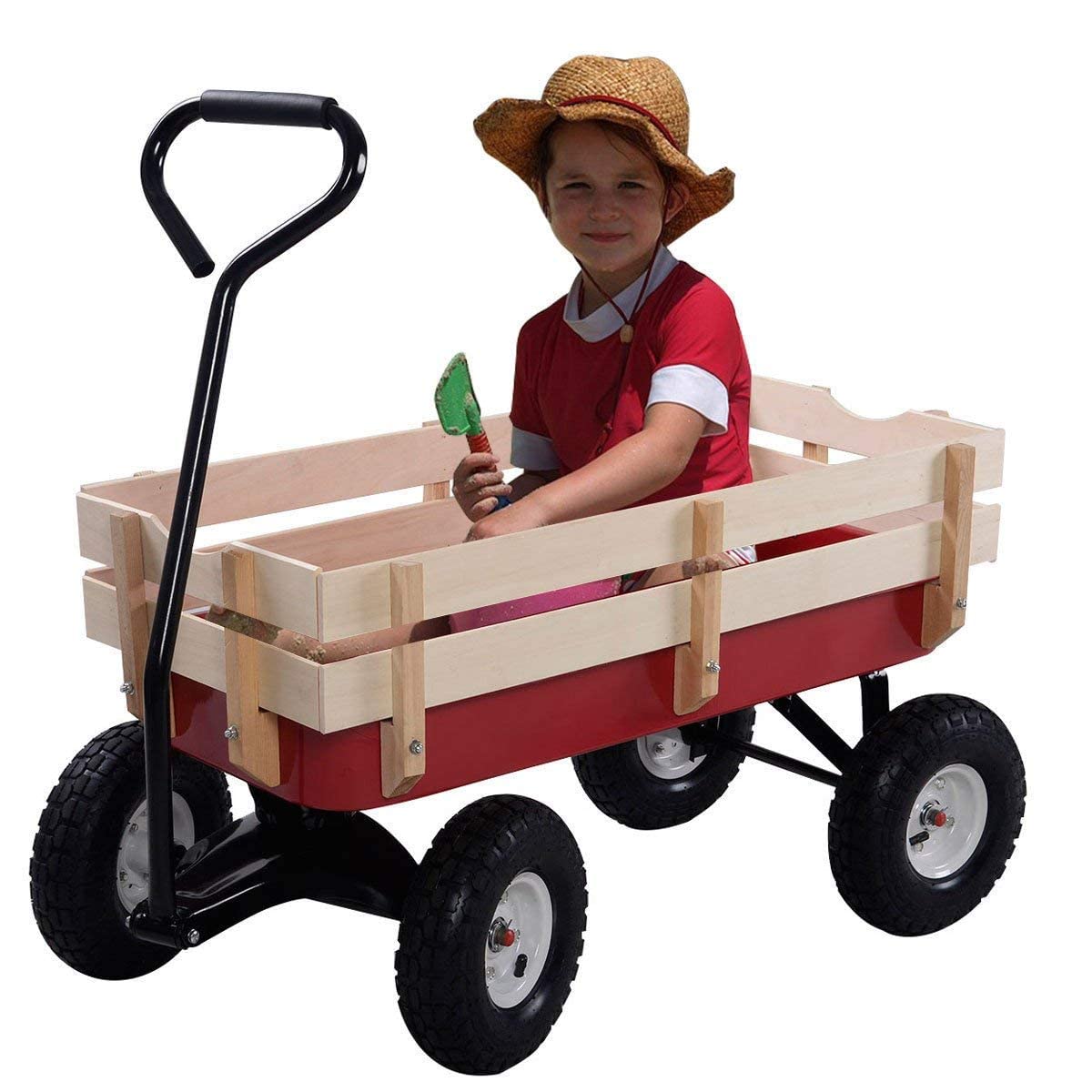 ReunionG Garden Cart with Free-Rotating Wood Railing, Kids Outdoor Wagon with Rubber Wheels, All Terrain Cargo Wagon with 330lbs Weight Capacity, Red