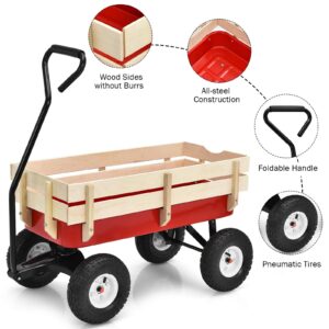 ReunionG Garden Cart with Free-Rotating Wood Railing, Kids Outdoor Wagon with Rubber Wheels, All Terrain Cargo Wagon with 330lbs Weight Capacity, Red