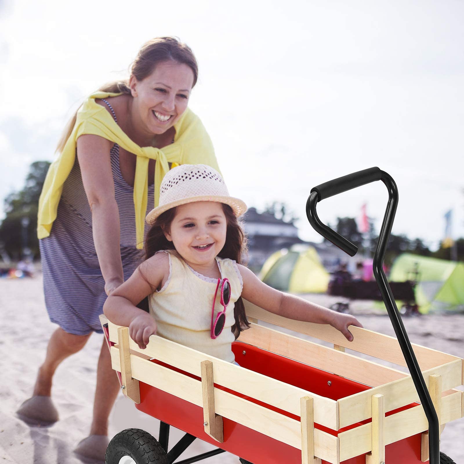 ReunionG Garden Cart with Free-Rotating Wood Railing, Kids Outdoor Wagon with Rubber Wheels, All Terrain Cargo Wagon with 330lbs Weight Capacity, Red