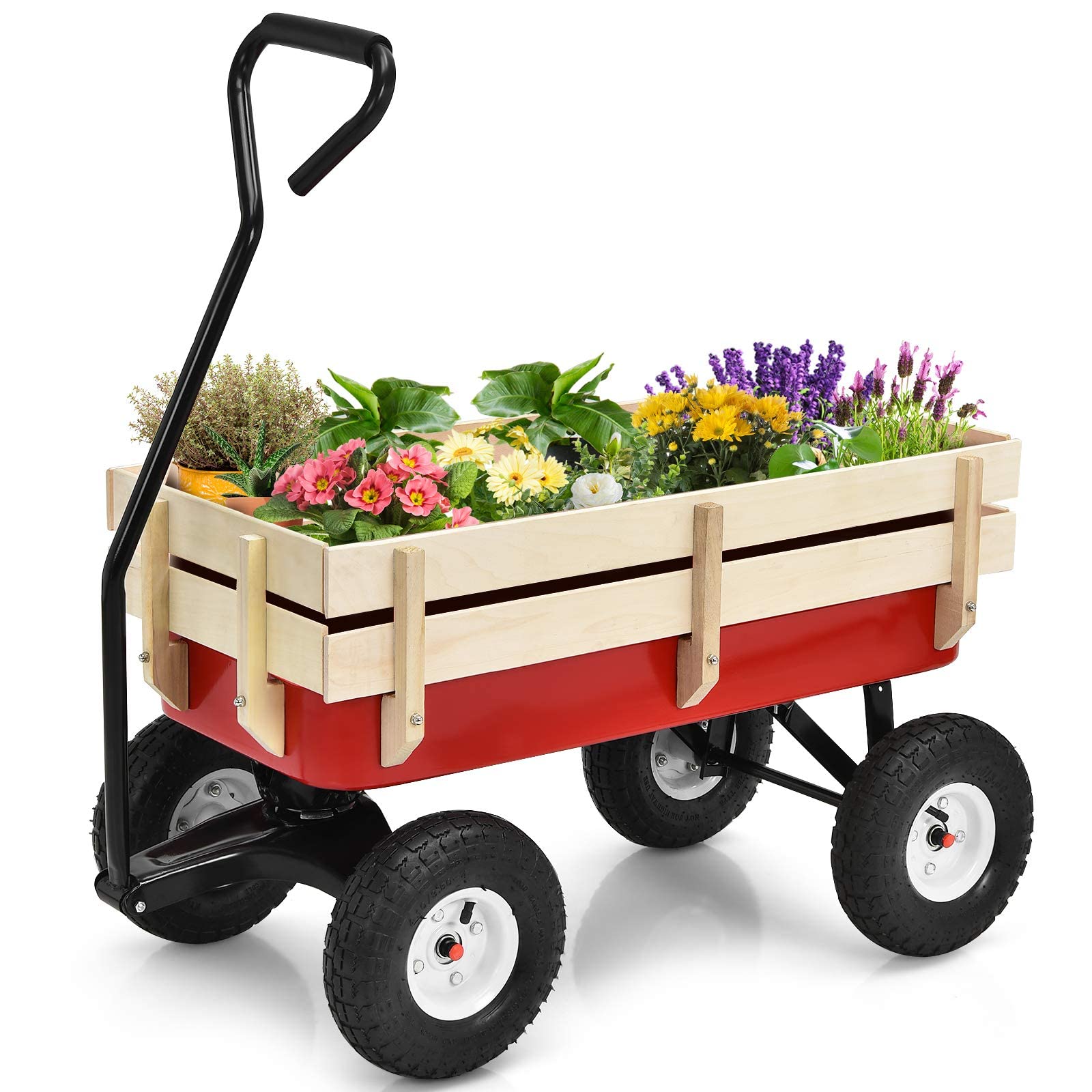 ReunionG Garden Cart with Free-Rotating Wood Railing, Kids Outdoor Wagon with Rubber Wheels, All Terrain Cargo Wagon with 330lbs Weight Capacity, Red