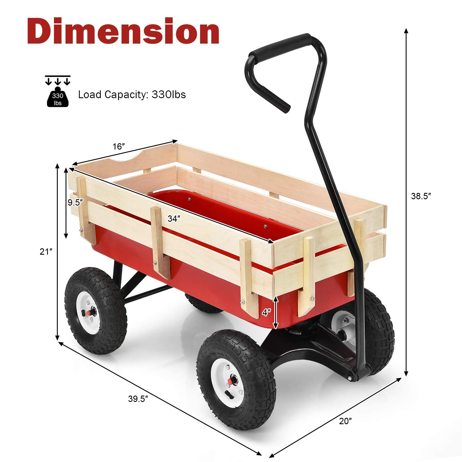 ReunionG Garden Cart with Free-Rotating Wood Railing, Kids Outdoor Wagon with Rubber Wheels, All Terrain Cargo Wagon with 330lbs Weight Capacity, Red