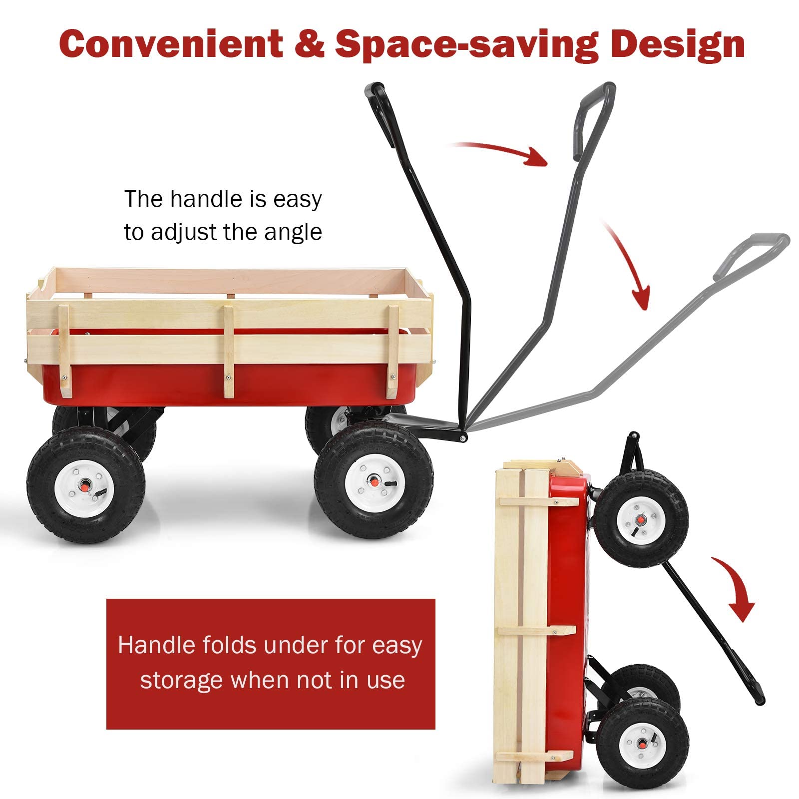 ReunionG Garden Cart with Free-Rotating Wood Railing, Kids Outdoor Wagon with Rubber Wheels, All Terrain Cargo Wagon with 330lbs Weight Capacity, Red