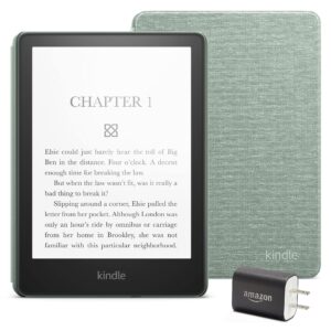 kindle paperwhite essentials bundle including kindle paperwhite (16 gb) - agave green, fabric cover - agave green, and power adapter