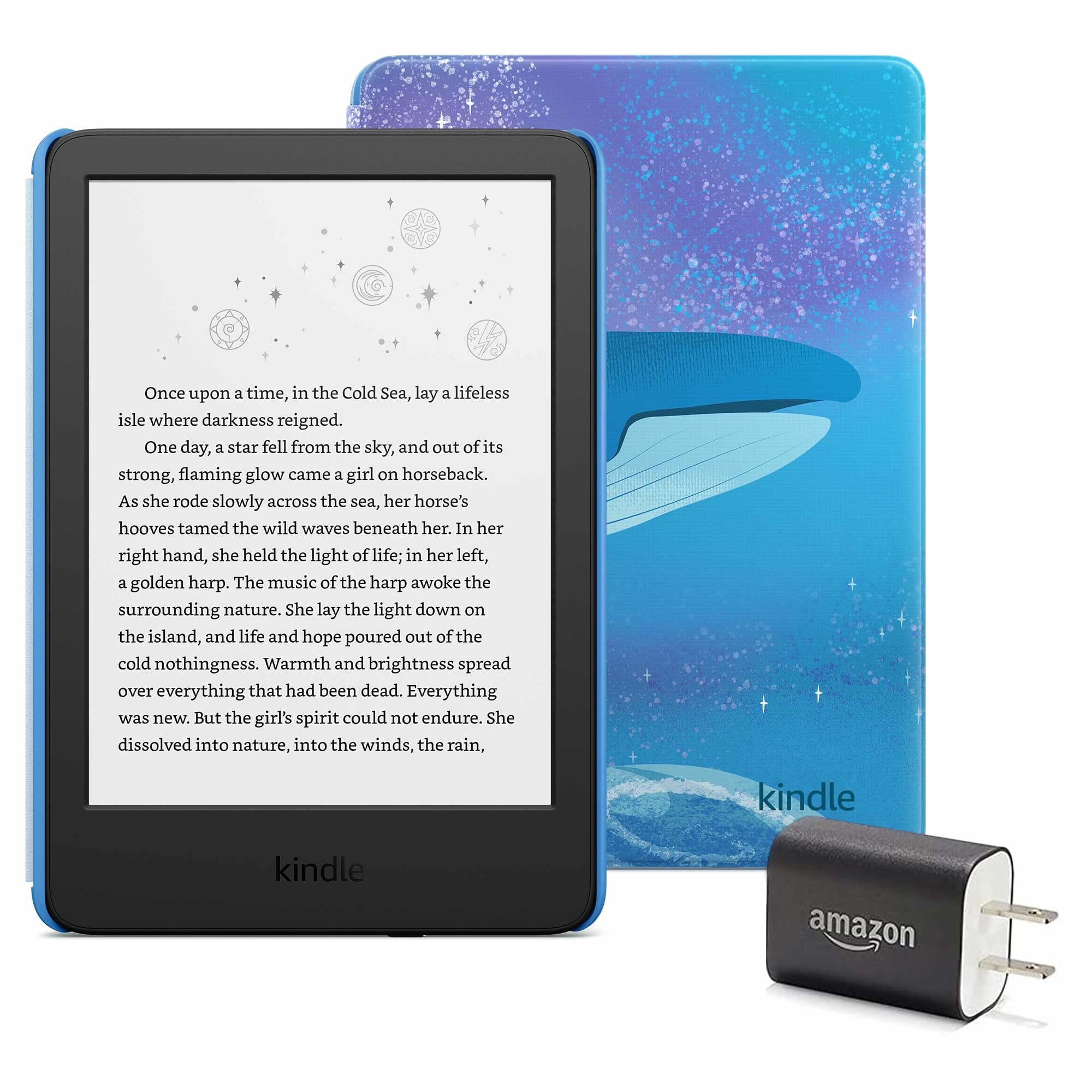 Kindle Kids Essentials Bundle including Kindle Kids (2022 release), Kids Cover - Space Whale, Power Adapter, and Screen Protector