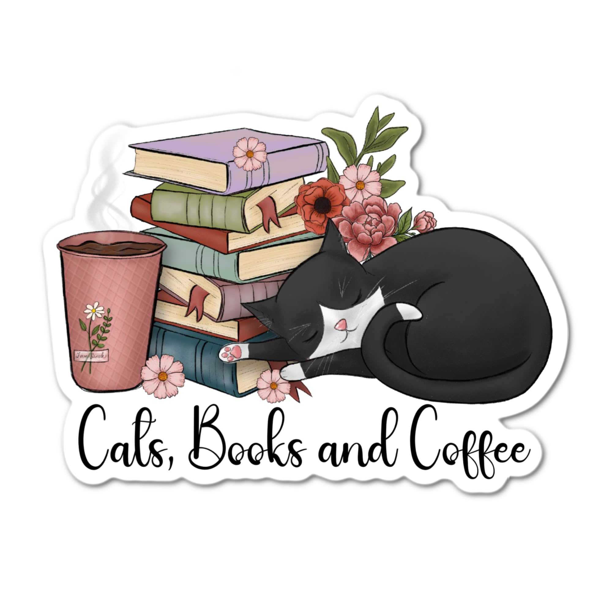 3.25" Cats Books Coffee Floral I love Books Reading book books novel Laminated laptop tablet sticker Book Library brew latte cappuccino Novel Novels kindle Love Gift for