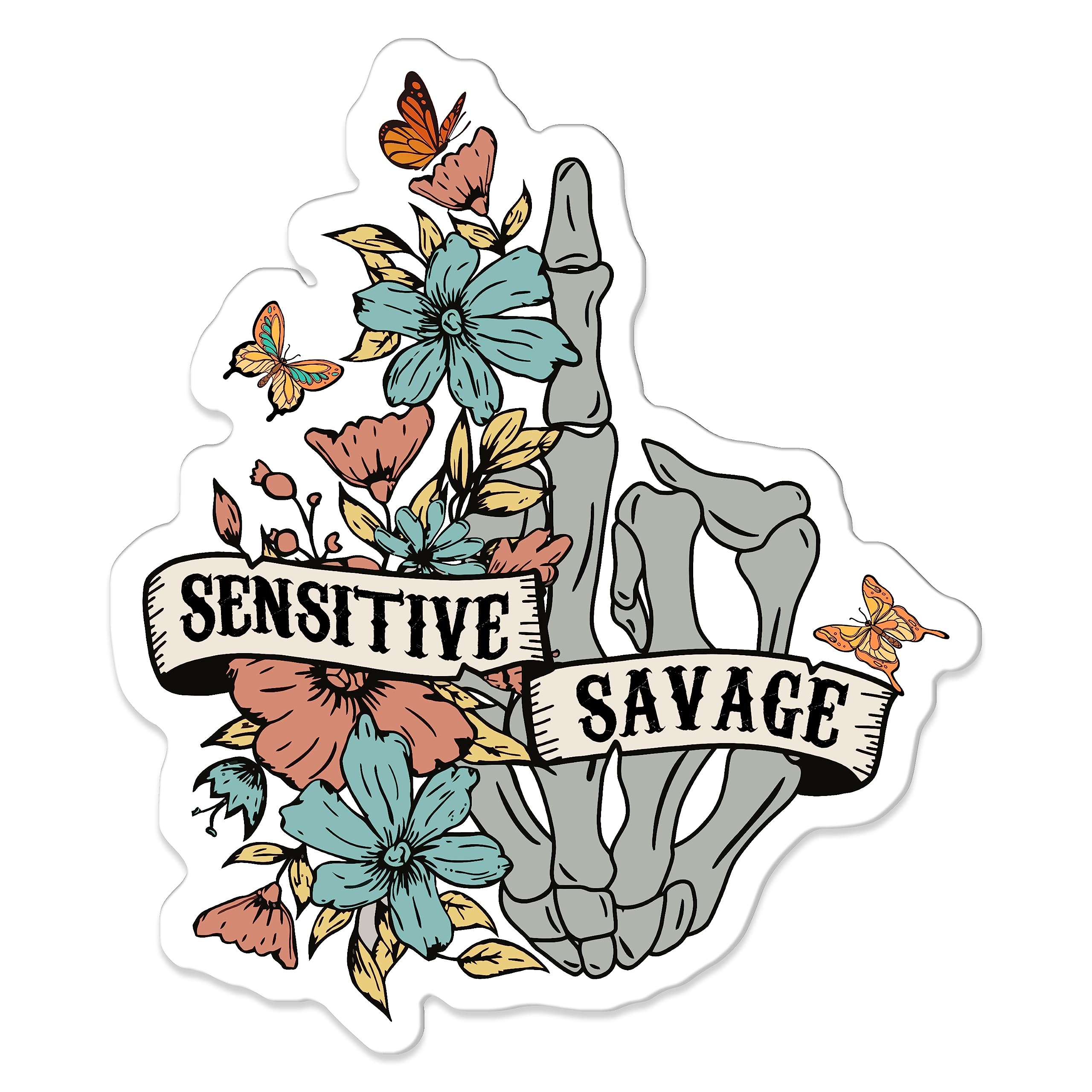 Sensitive Savage Sticker, Flower Skull Sticker, Motivational Sticker, Support Sticker, Skeleton Sticker, Water Assitant Die-Cut Funny Decals for Laptop, Phone, Water Bottles, Kindle Sticker