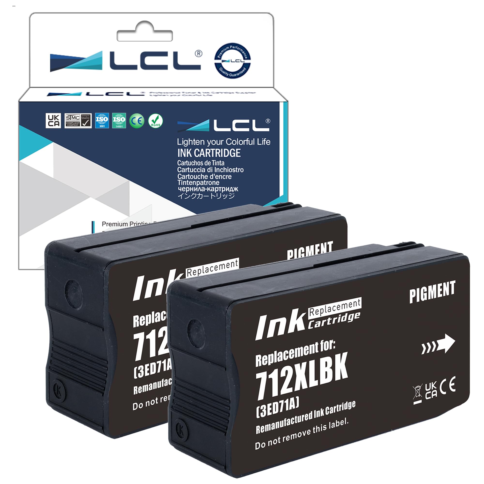 LCL Remanufactured Ink Cartridge Pigment Replacement for HP 712 712XL 712BK 712XLBK 3ED70A 3ED71A 80ML High Yield T650 T630 T250 T230 T210 (2-Pack Black)