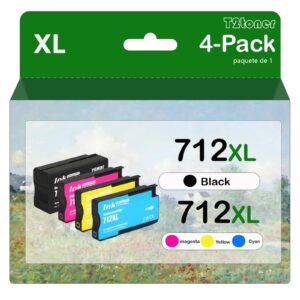 712xl ink cartridges remanufactured 4pk 712 ink cartridge replacement for designjet t650 t630 t250 t230 t210 studio plotter printer(1x black,1x cyan,1x magenta,1x yellow)