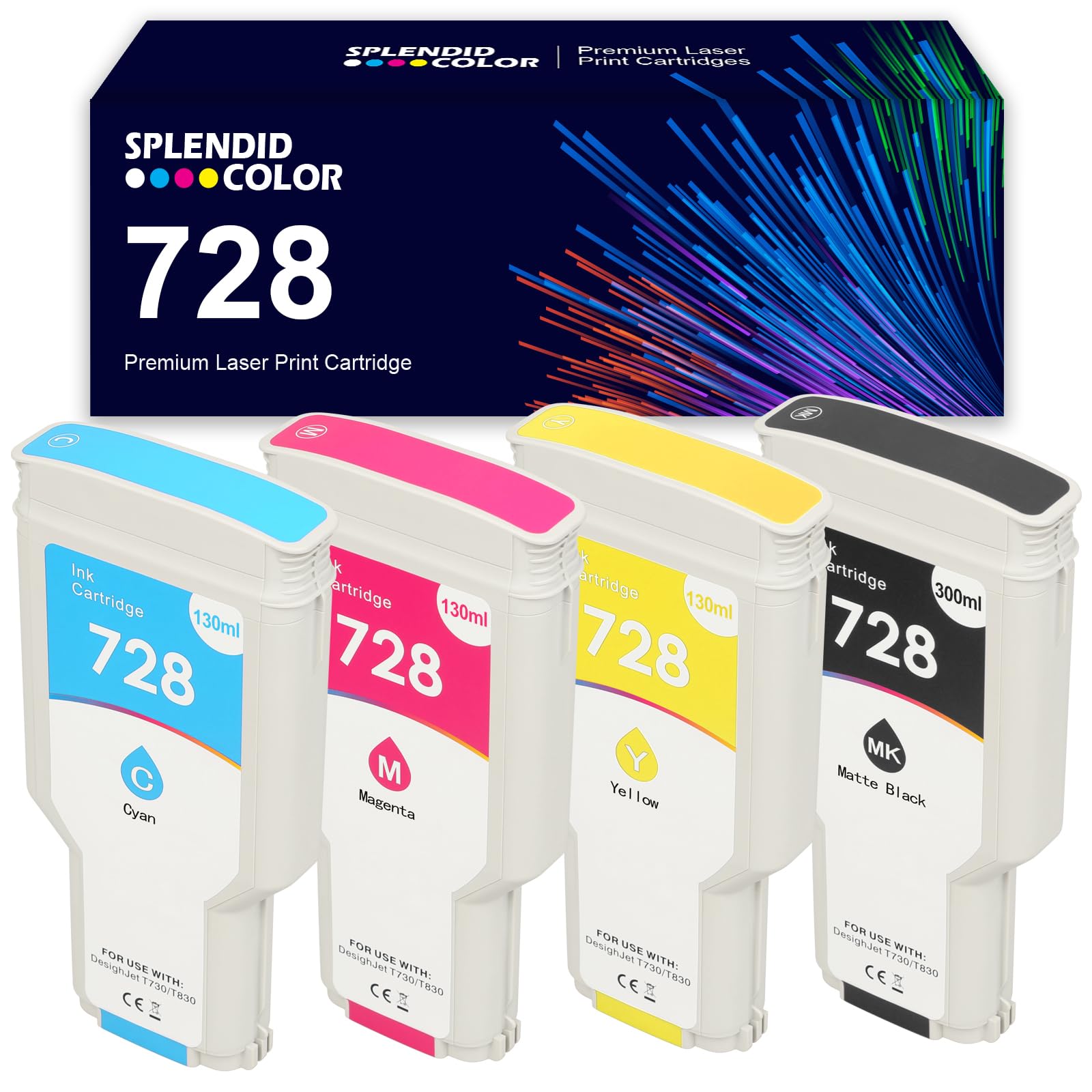 SPLENDIDCOLOR 728 Ink Cartridges Compatible High Yield 728xl 728 Ink Cartridges Set F9J68A F9K17A F9K16A F9K15A Replacement for T830 MFP & T730 Large Format Plotter Printer.