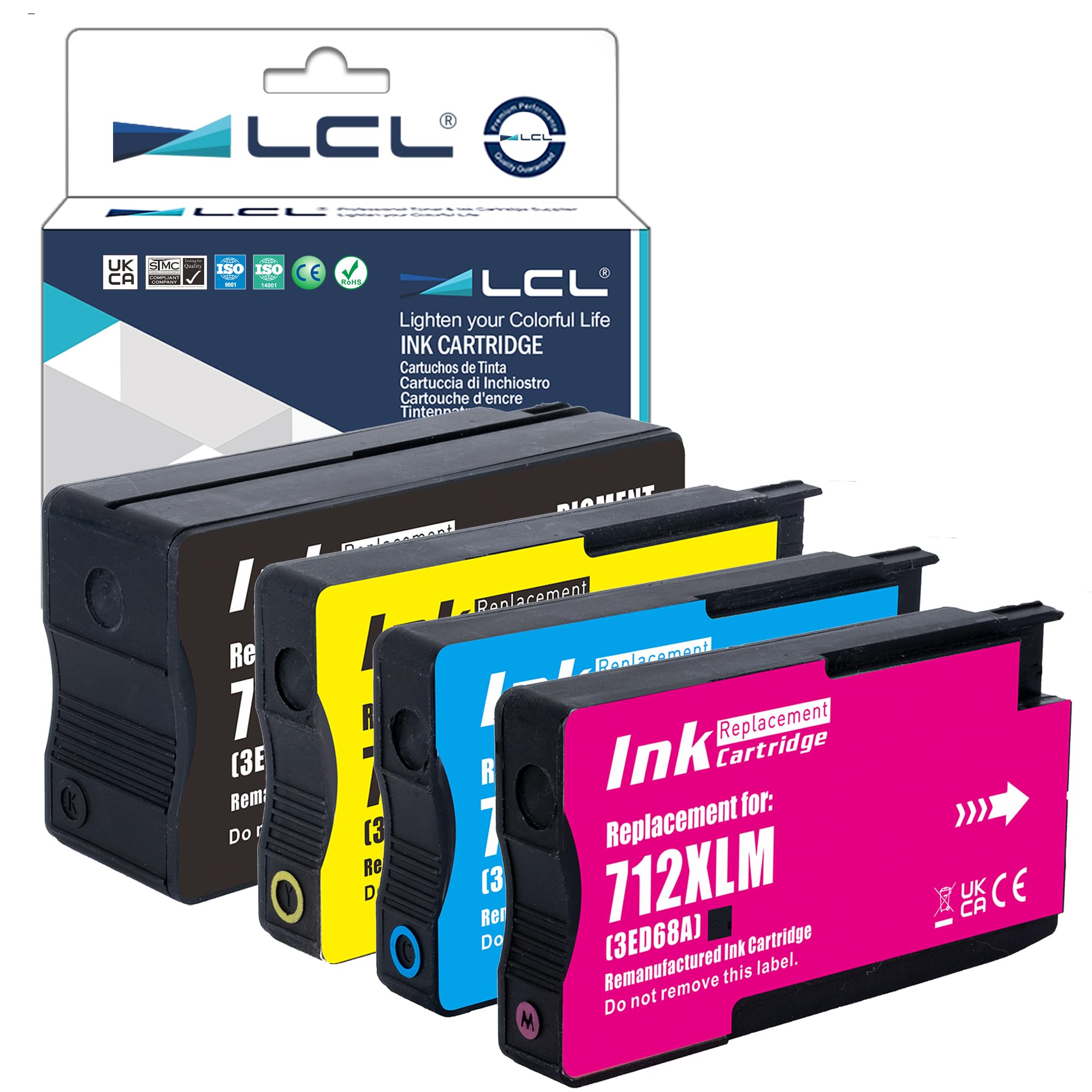 LCL Remanufactured Ink Cartridge Pigment Replacement for HP 712 712XL 80ML+3 * 29ML High Yield 3ED70A 3ED71A 3ED67A 3ED68A 3ED69A T650 T630 T250 T230 T210 (4-Pack Black, Cyan, Magenta, Yellow)