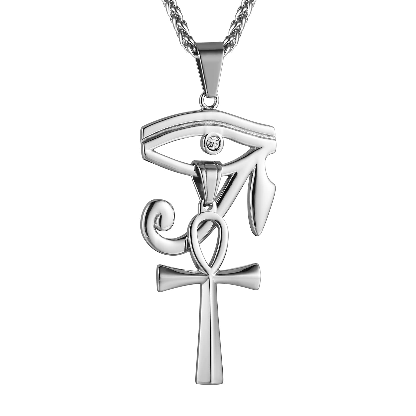 HZMAN Gold Stainless Steel Eye of Horus Egypt And Coptic Ankh Cross Religious Pendant Necklace 24" Figaro Chain (Silver)