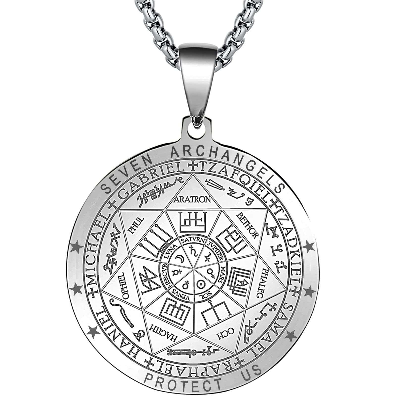 FLYUN Seal of The 7 Archangels Pendant Necklace for Men,Seven Archangels Protection Necklace for Men, Mens Spiritual Talisman Amulet Jewelry (A5-Steel)