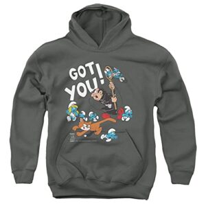 logovision smurfs gargamel and azrael unisex youth pull-over hoodie,gargamel and azrael charcoal,medium