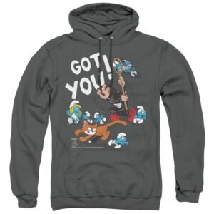 logovision smurfs gargamel and azrael unisex adult pull-over hoodie,gargamel and azrael charcoal,2x-large