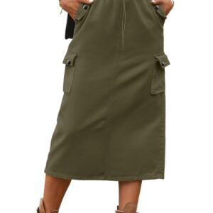 Dokotoo Women's Y2K Drawstring Cargo Midi Skirt Casual Adjustable High Waist Skirt with Pockets Cargo Skirts Work Skirts for Women Green Medium