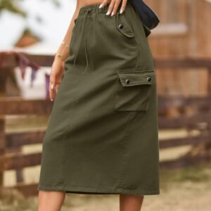 Dokotoo Women's Y2K Drawstring Cargo Midi Skirt Casual Adjustable High Waist Skirt with Pockets Cargo Skirts Work Skirts for Women Green Medium