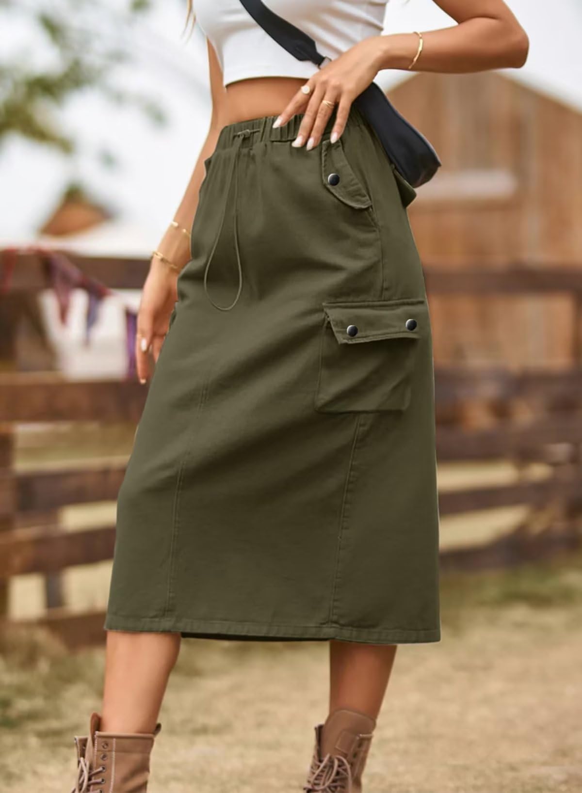 Dokotoo Women's Y2K Drawstring Cargo Midi Skirt Casual Adjustable High Waist Skirt with Pockets Cargo Skirts Work Skirts for Women Green Medium