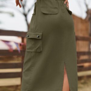 Dokotoo Women's Y2K Drawstring Cargo Midi Skirt Casual Adjustable High Waist Skirt with Pockets Cargo Skirts Work Skirts for Women Green Medium