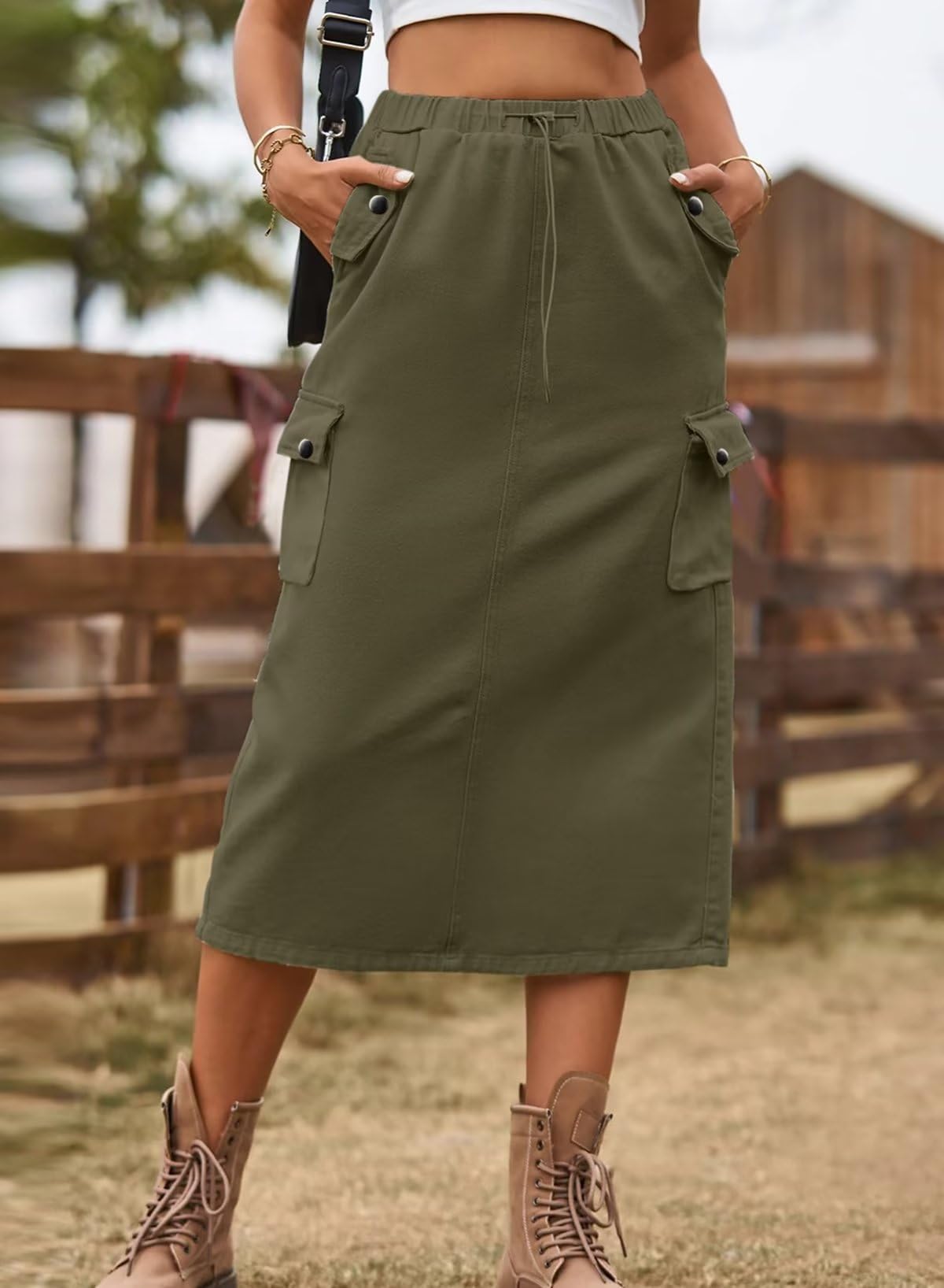 Dokotoo Women's Y2K Drawstring Cargo Midi Skirt Casual Adjustable High Waist Skirt with Pockets Cargo Skirts Work Skirts for Women Green Medium