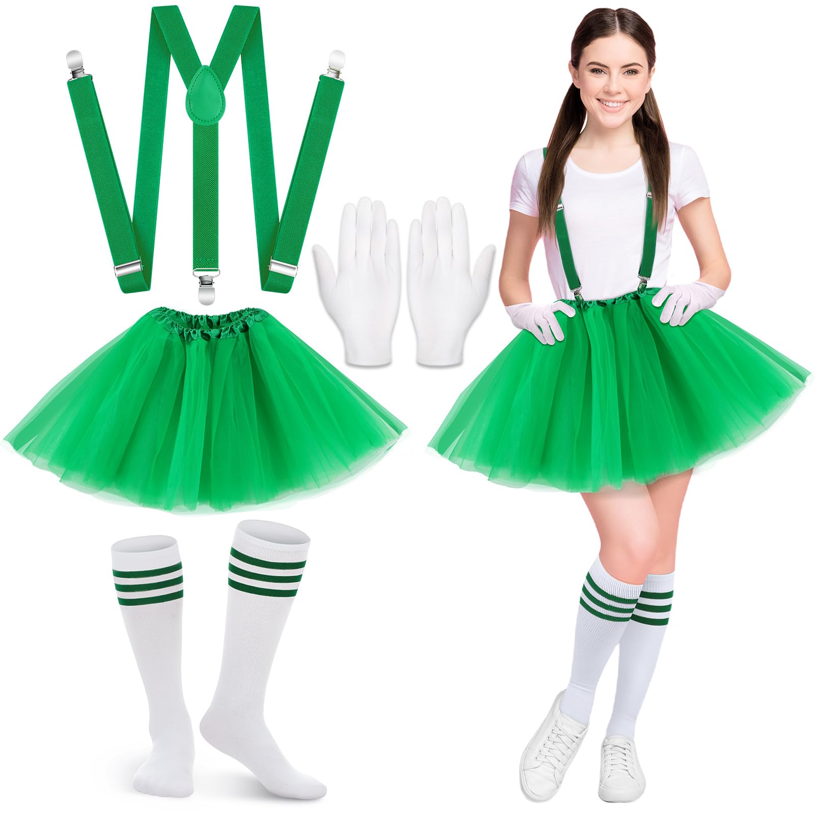 4 Pcs Halloween Costume Tutu Skirt Suspenders Set for Women Y Shape Suspender Tube Socks and Cotton Gloves(Green)