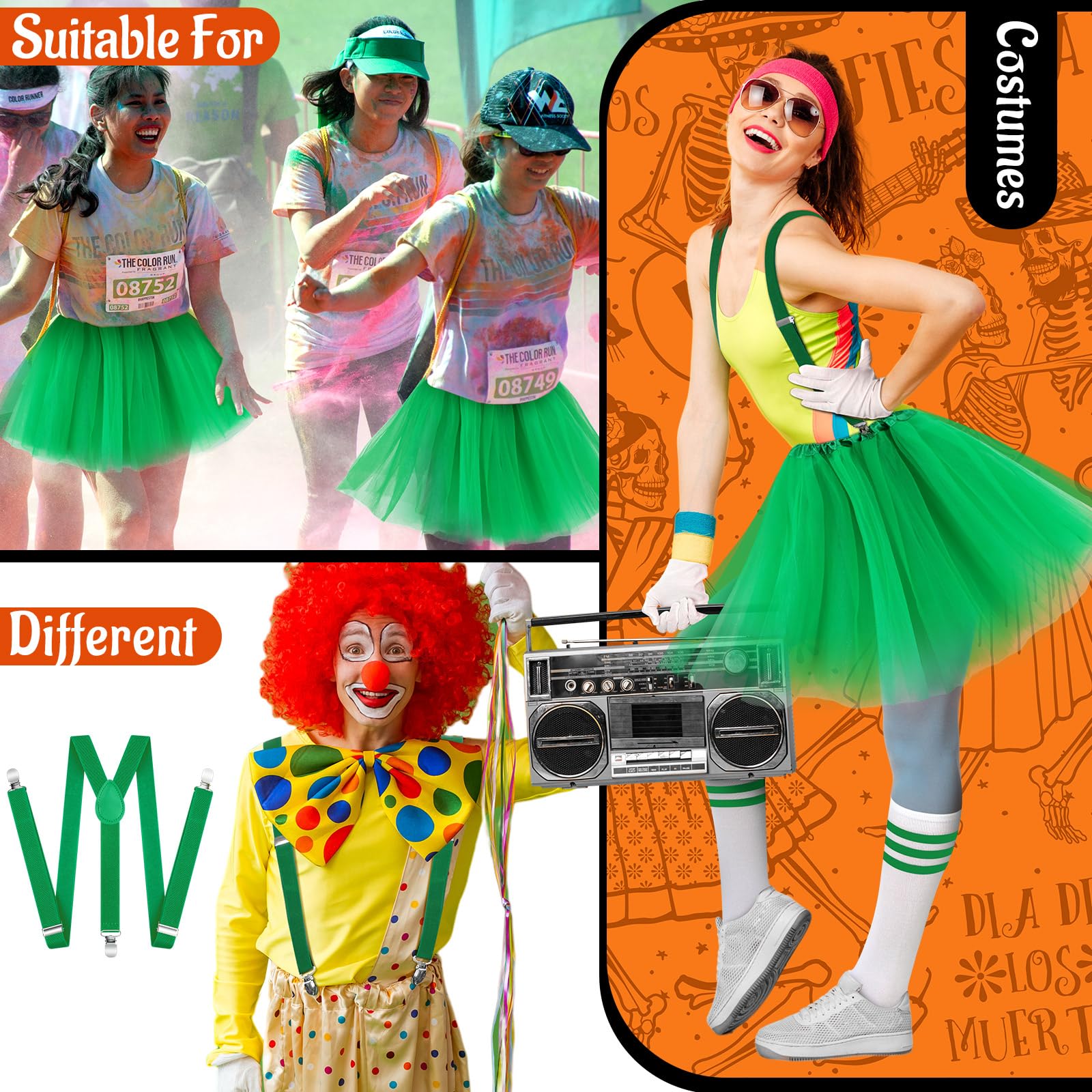 4 Pcs Halloween Costume Tutu Skirt Suspenders Set for Women Y Shape Suspender Tube Socks and Cotton Gloves(Green)