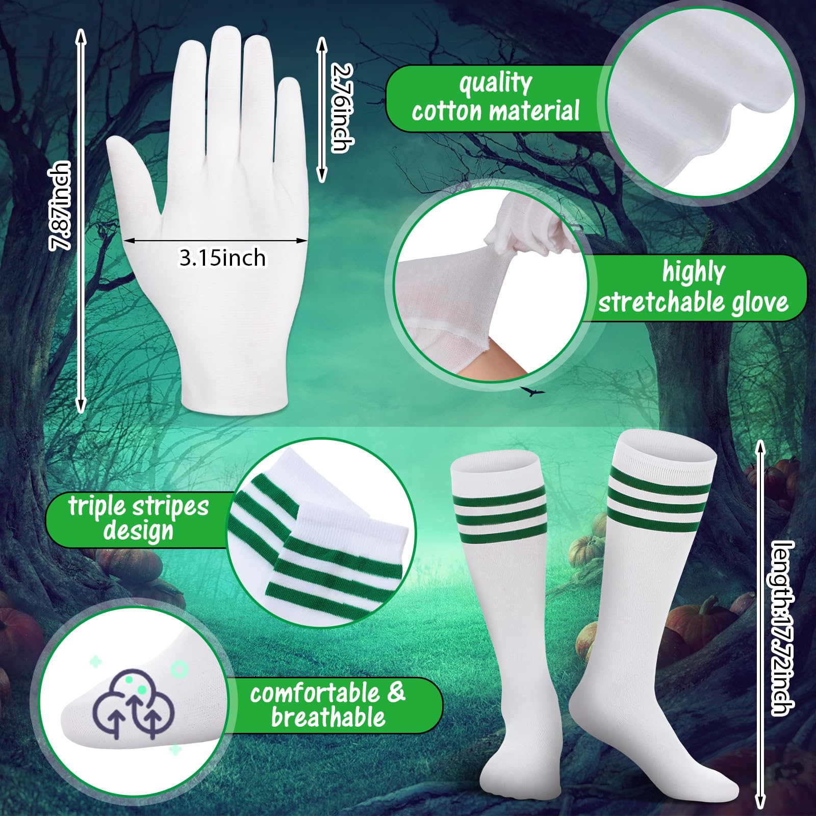 4 Pcs Halloween Costume Tutu Skirt Suspenders Set for Women Y Shape Suspender Tube Socks and Cotton Gloves(Green)