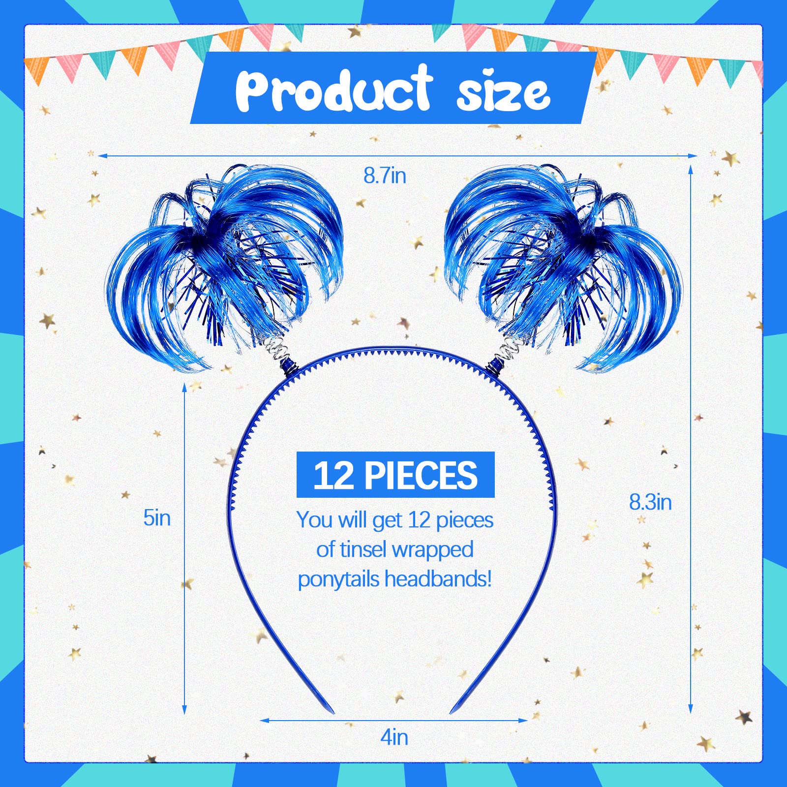 Jexine 12 Pieces Tinsel Wrapped Ponytails Headbands Headwear Feathers Head Bopper for Women Girls Hair Costume Accessories(Blue)