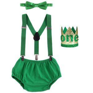 baby boy st patrick's day outfit leprechaun birthday party supplies bowtie romper suspenders shorts diaper cover smash cake photo shoot first birthday clothes set formal tuxedo suit green-one