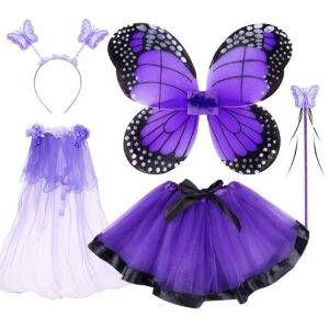 wildparty girl fairy costume set with butterfly wings, tutu, magic wand, headband and veil costume set for 3-8 years girl dress up and birthday party ballet dance (spotty purple)