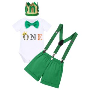 boys baby jungle cake smash outfit 1st birthday animal print bow tie romper safari theme short sets wild lion crown headbands casual summer 4pcs clothes set green one 1t