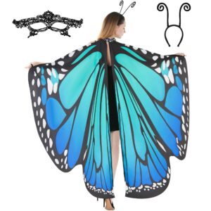 spooktacular creations adult butterfly costume, wing cape shawl with lace mask and black velvet antenna headband for adult women halloween costume-blue