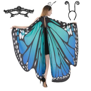 Spooktacular Creations Adult Butterfly Costume, Wing Cape Shawl with Lace Mask and Black Velvet Antenna Headband for Adult Women Halloween Costume-Blue