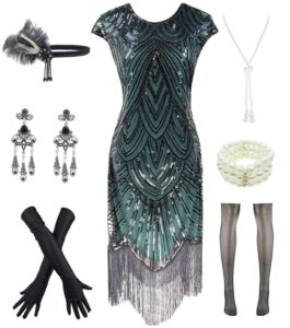 letter love women 1920s vintage flapper fringe beaded gatsby party dress with 20s accessories set (s, black green)