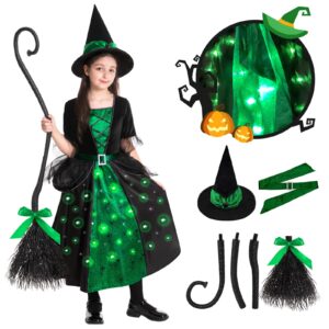 poshetion witch halloween costumes for girls, toddler light up witch dress with witch broom and hat, kids witch costume glow in the dark for wicked halloween dress-up party gifts (green, toddler)