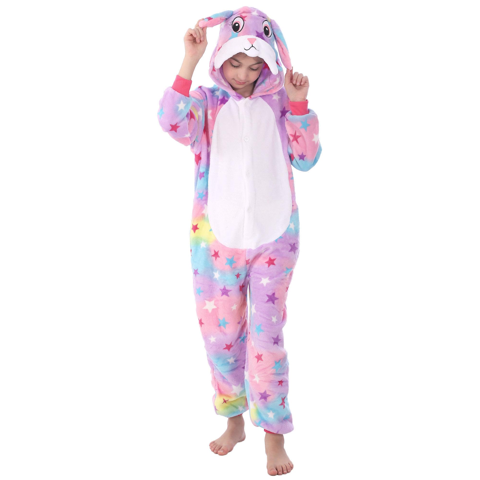 WOYASIM Unisex Flannel Costume Onesie Kids Halloween Easter Animal Cosplay for Girls Boys One Piece Star Rabbit M