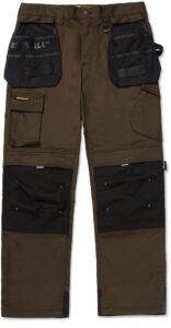 caterpillar men's h2o defender water resistant work pants with reinforced knees, bellowed cargo pocket and tool bags, dark earth/black, 34/30