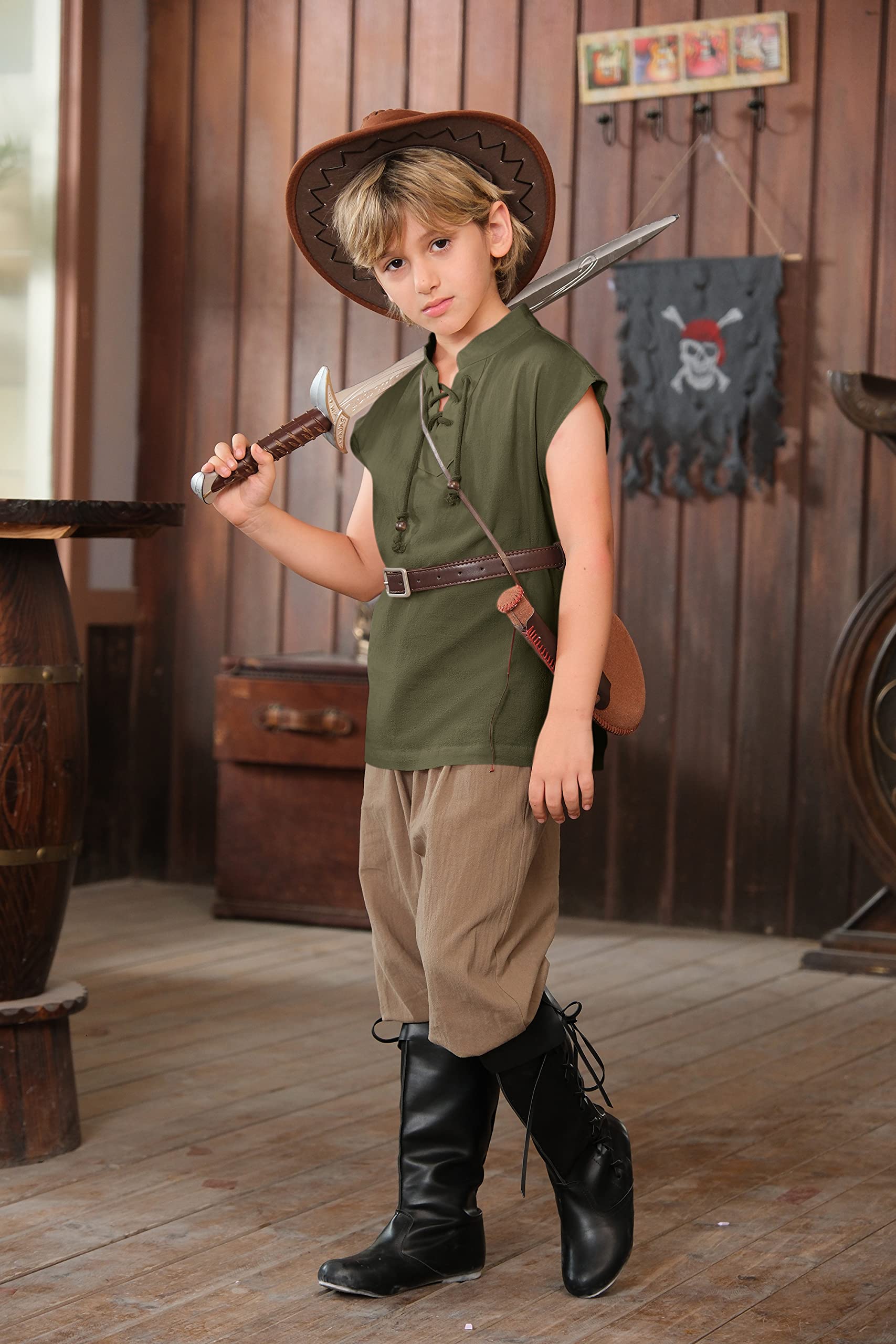 Boys Renaissance Pirate Sleeveless T Shirts Costume Kids Viking Medieval Lace Up Scottish Halloween Cosplay Tank Tops