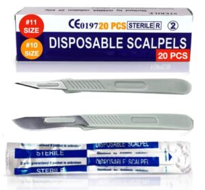 medhelp disposable scalpels #10 + 11 ● box of 20 disposable dermaplaning blades with plastic handle, scalpel blades, high carbon steel dermablade blades individually wrapped sterile