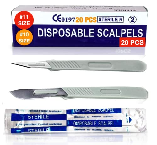 MedHelp Disposable Scalpels #10 + 11 ● Box of 20 Disposable Dermaplaning Blades with Plastic Handle, Scalpel Blades, High Carbon Steel Dermablade Blades Individually Wrapped Sterile