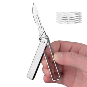 funbro folding scalpel pocket knife, edc utility surgical knives with 10pcs #24 replaceable razor blades for outdoor hunting everyday carry, small knife collection unique gift for men women