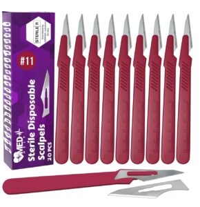 medhelp disposable scalpel 11, pack of 20 dermaplaning tool for face with burgundy plastic handle, scalpel blades #11, high carbon steel ● box of 20