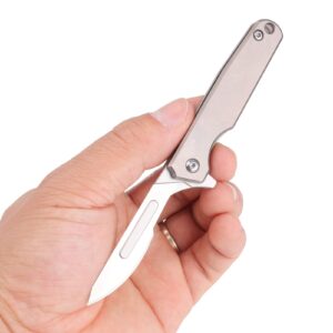 samior ts51 small slim scalpel folding pocket flipper knife with 10pcs #24 replaceable blade, 5.1 inches grey titanium handle with liner lock, utility edc keychain knives, 0.99oz