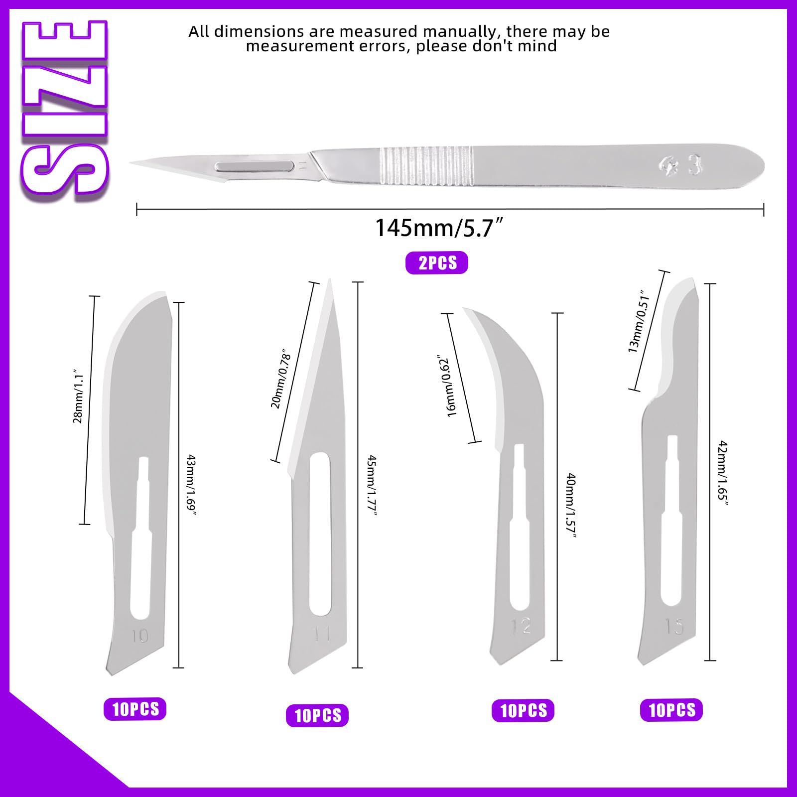 Swpeet 42Pcs 4 Styles #10#11#12#15 Scalpel Blades Surgical Grade Blades with #3 Scalpel Knife Handle Assortment Kit, Biology Lab Knives for Biology Lab Anatomy, Practicing Cutting, Sculpting