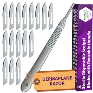 pack of 15 surgical blades 10 and stainless steel scalpel handle, size 10 scalpel blades with scalpel handle, high carbon steel dermablade scalpels surgical 10 blades, dermaplaning tool for face