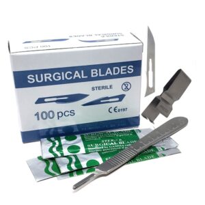 surgical sterile blades #14 box of 100 made of high carbon steel & stainless steel scalpel handle knife #3 graduated for lab anatomy, cutting, med student, carving, repairing with blade remover